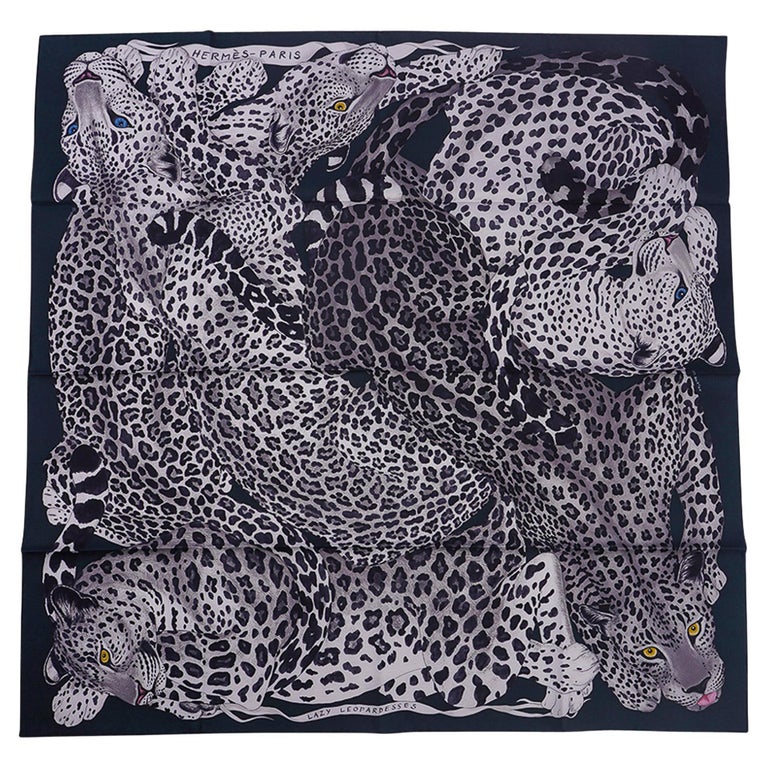 Hermes Lazy Leopardesses Scarf Vert Noir/ Gris Silk 90 New w/Box at 1stDibs