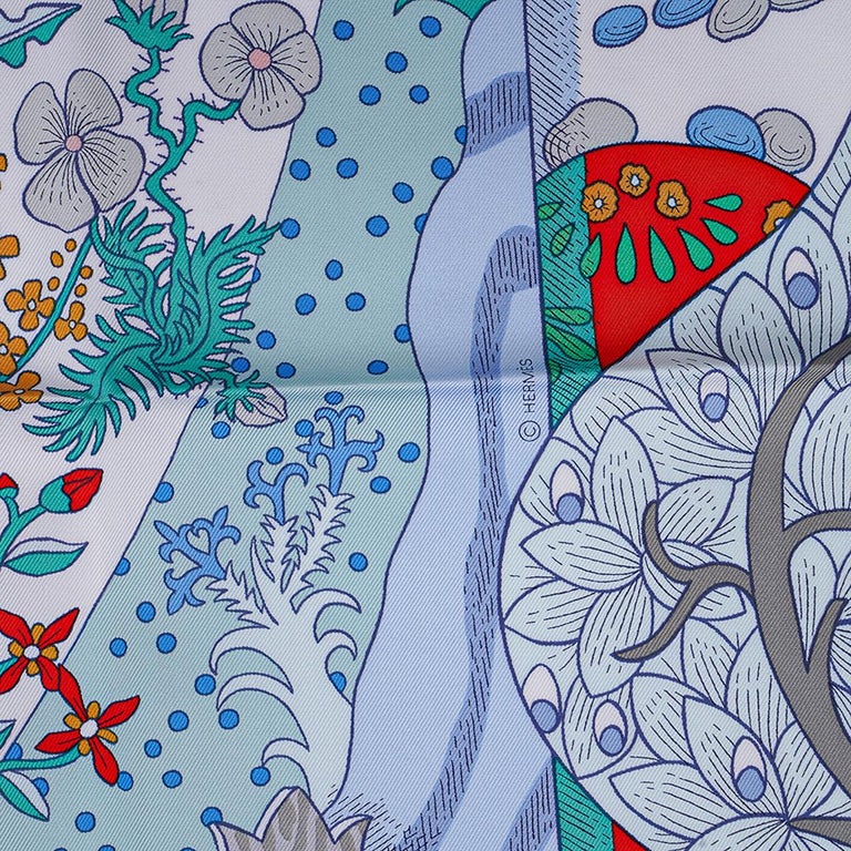 Hermes Le Premier Chant Aqua / Vert / Grenadine Silk Scarf 90 For Sale at 1stDibs
