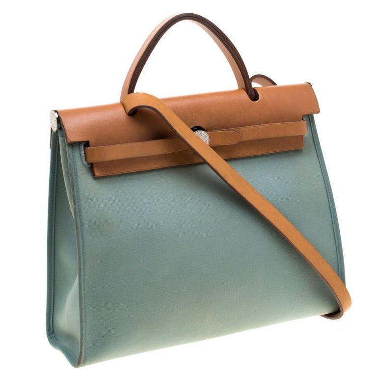 Hermes Light Blue/Brown Canvas and Leather Herbag Zip 31 Bag For Sale ...