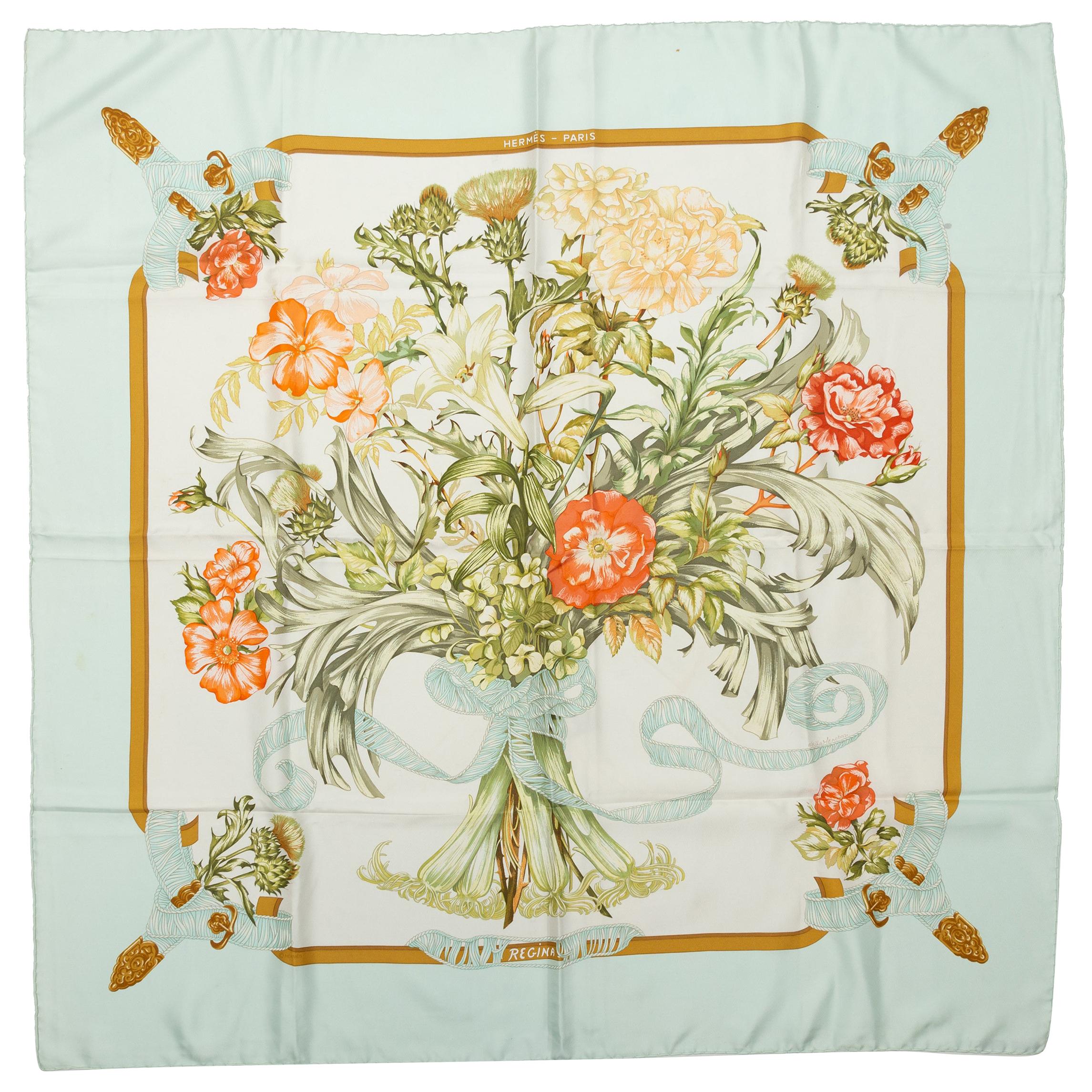 Hermes Light Blue and Multicolor 'Regina' Silk Scarf For Sale at 1stDibs