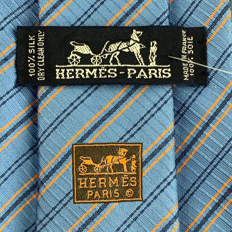 HERMES Light Blue and Orange Diagonal Stripe Plaid Silk Tie at 1stDibs