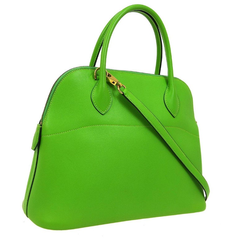 Hermes Lime Green Leather Carryall Gold Top Handle Satchel Tote ...