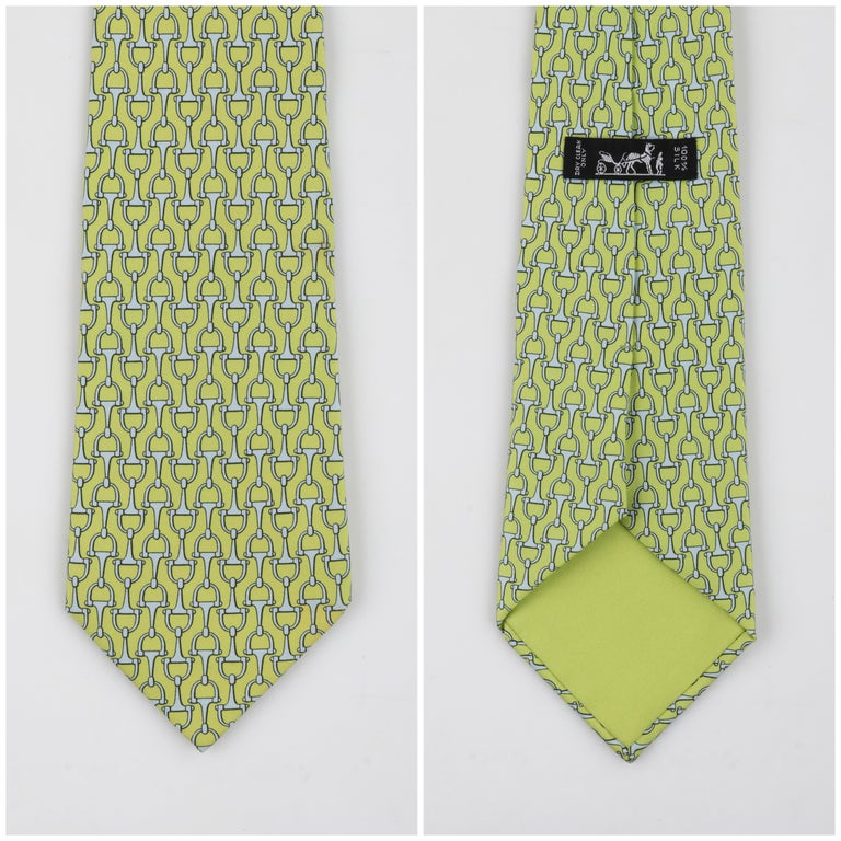 HERMES Mens Chartreuse Green Light Blue Horstbit 5-Fold Silk Necktie ...