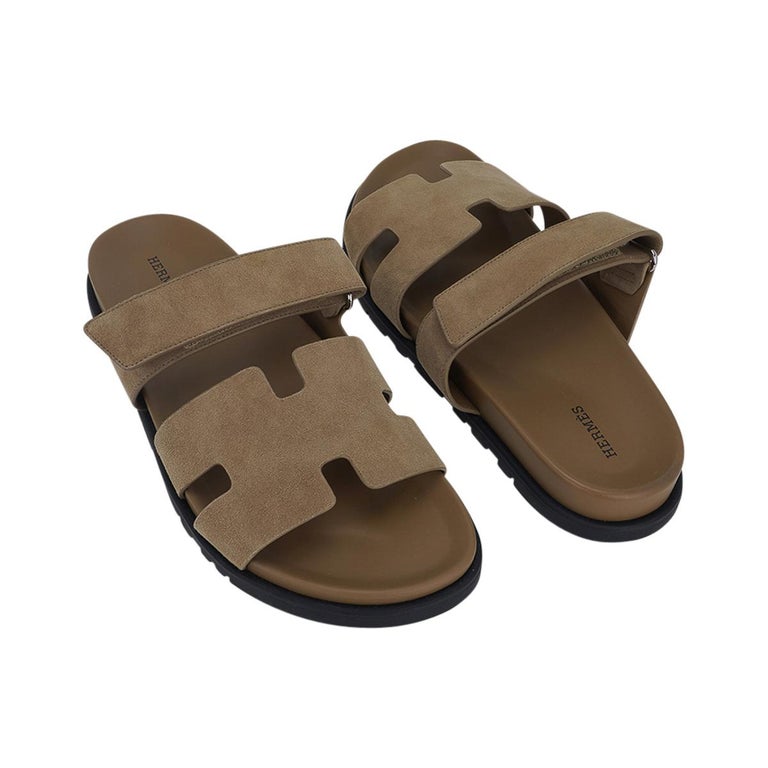 Hermes Men's Chypre Doblis (Suede) Tan Sandal 43 / 10 For Sale at 1stDibs