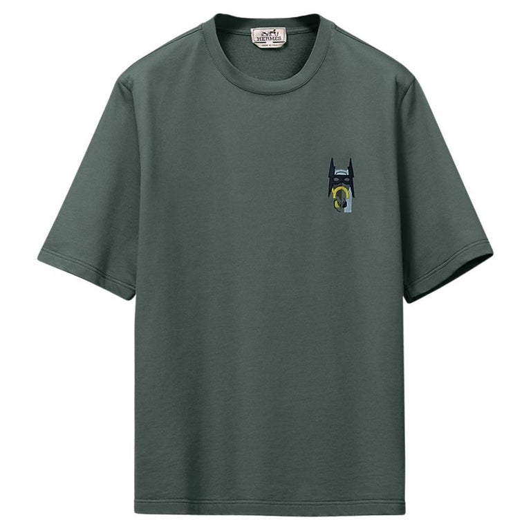 Hermes Men's Super H Cuir T-Shirt Vert de Gris Cotton Leather Patch L ...