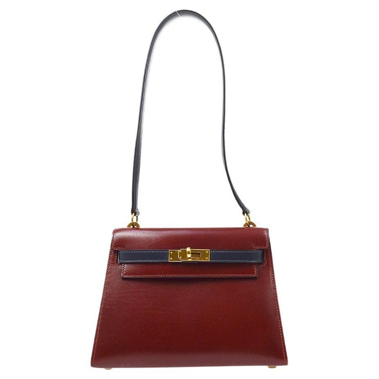 HERMES Mini Kelly 20 Sellier Red Rouge Navy Blue Box Calfskin Leather ...