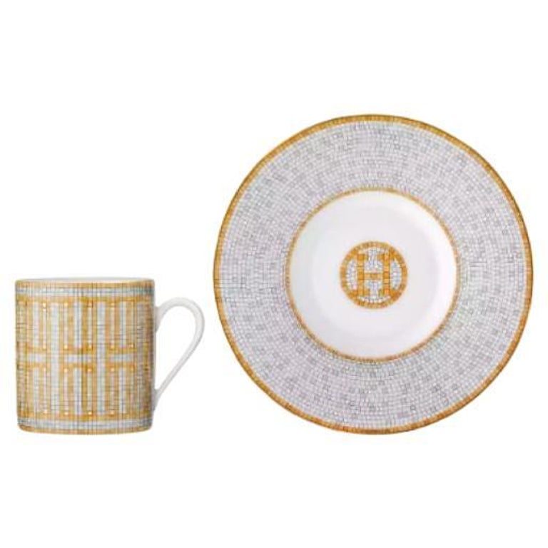 Hermes Mosaique au 24 gold coffee cup and saucer Set of two at 1stDibs