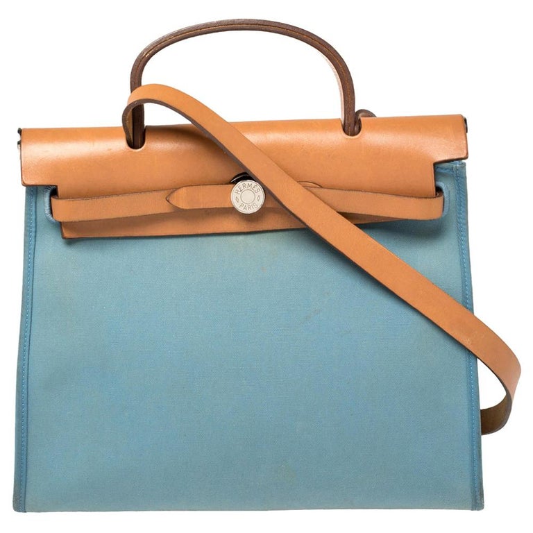 Hermes Natural/Blue Lin Canvas and Leather Herbag Zip 31 Bag at 1stDibs
