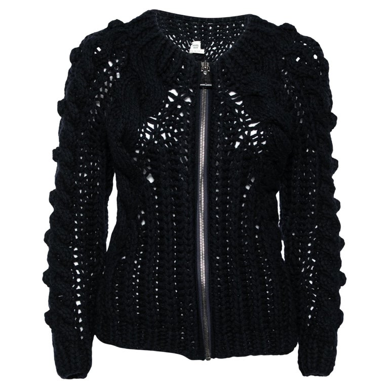 Hermes Navy Blue Cashmere Chunky Cable Knit Zip Front Cardigan S For ...