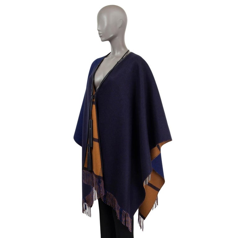 HERMES navy blue and cognac wool 2022 HIGHLANDS REVERSIBLE PONCHO ...