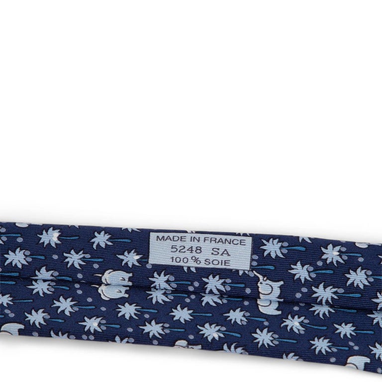 HERMES navy and blue silk twill 5248 ELEPHANT and PALM Tie For Sale at ...