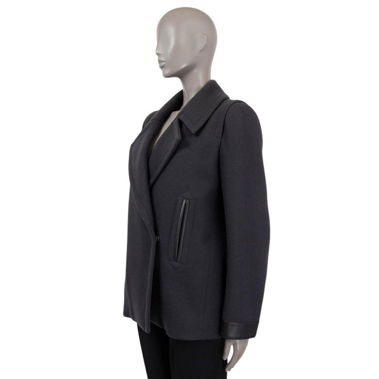 HERMES navy blue wool and angora 2013 LEATHER TRIM Peacoat Coat Jacket ...