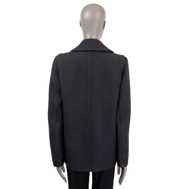 HERMES navy blue wool and angora 2013 LEATHER TRIM Peacoat Coat Jacket ...