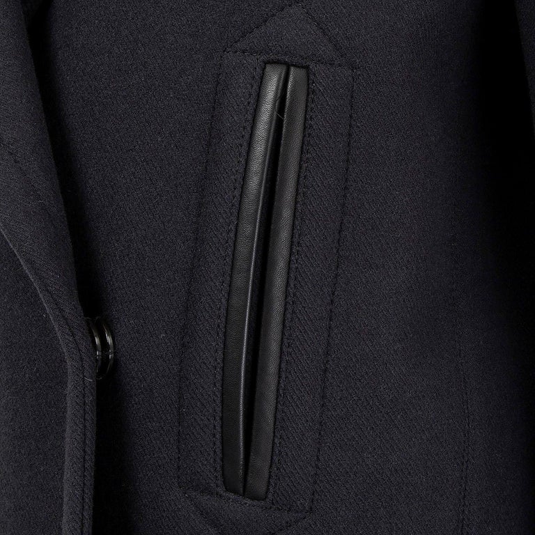 HERMES navy blue wool and angora 2013 LEATHER TRIM Peacoat Coat Jacket ...