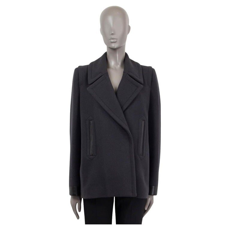 HERMES navy blue wool and angora 2013 LEATHER TRIM Peacoat Coat Jacket 38 S at 1stDibs
