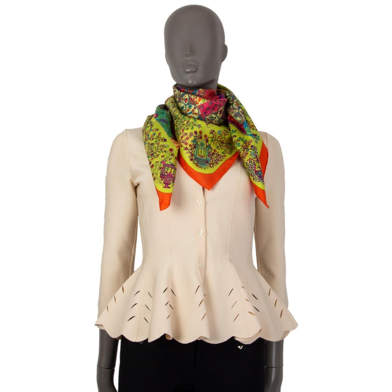 HERMES neon green PIQUE FLEURI DE PROVENCE 90 silk twill Scarf at 1stDibs