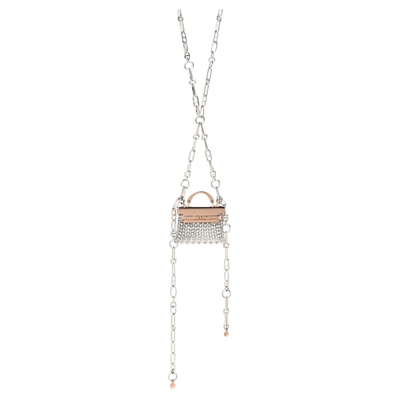 HERMES NEW 18K Rose Gold Sterling Silver Kelly Bag Chain Link Lariat ...