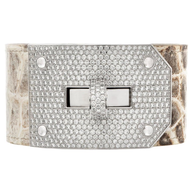 HERMES NEW 18K White Gold Diamond Matte Crocodile Himalaya Kelly Cuff ...