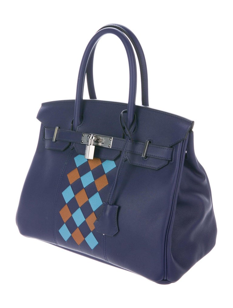 Hermes NEW Birkin 30 Blue Checker Leather Top Handle Satchel Tote Bag ...
