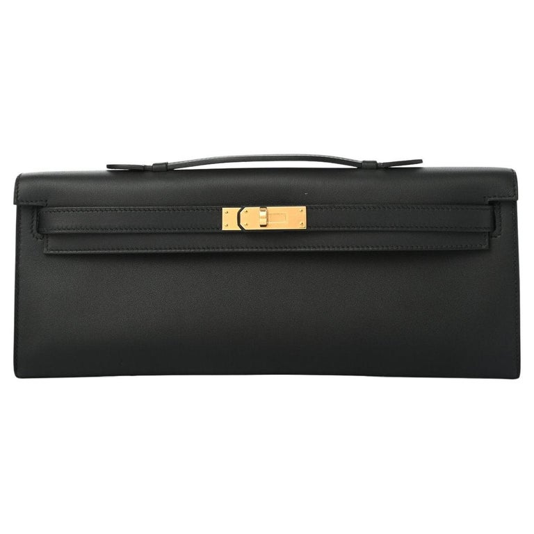 HERMES Black Kelly Cut Swift Leather Gold Pochette Evening Clutch Flap ...