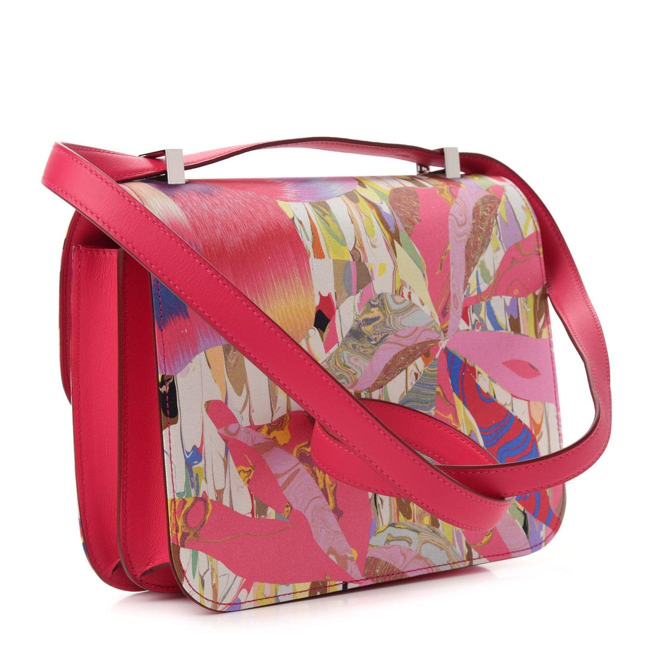 HERMES NEW Constance 24 Swift Leather Silk Marble Printed Rose Shoulder ...