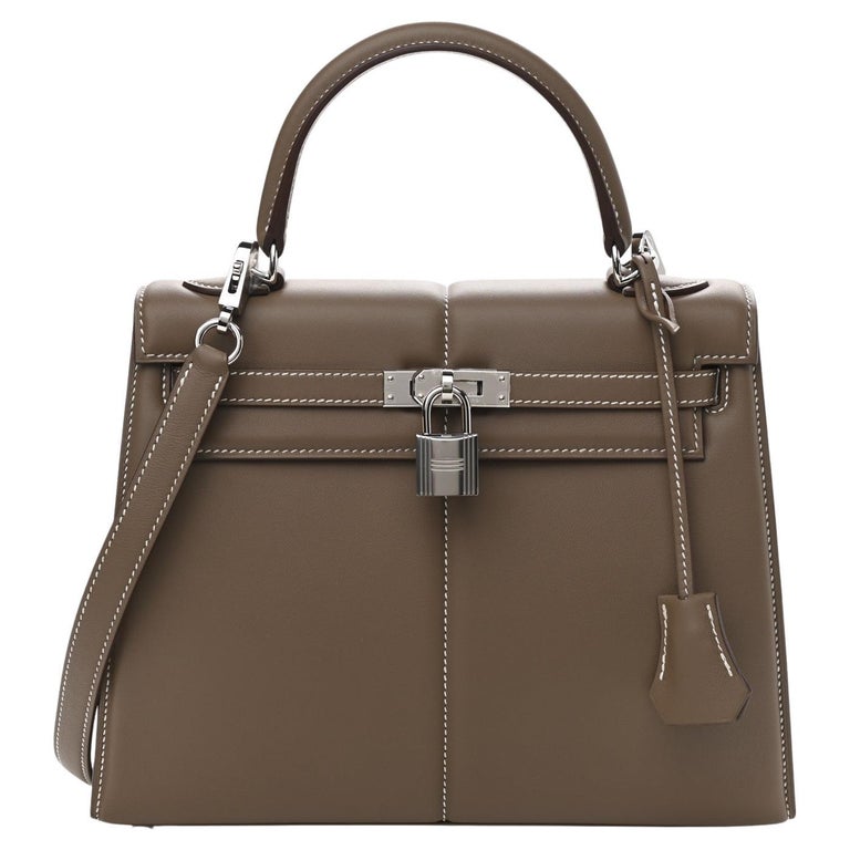 HERMES NEW Kelly 25 Padded Sellier Taupe Swift Palladium Shoulder Tote ...