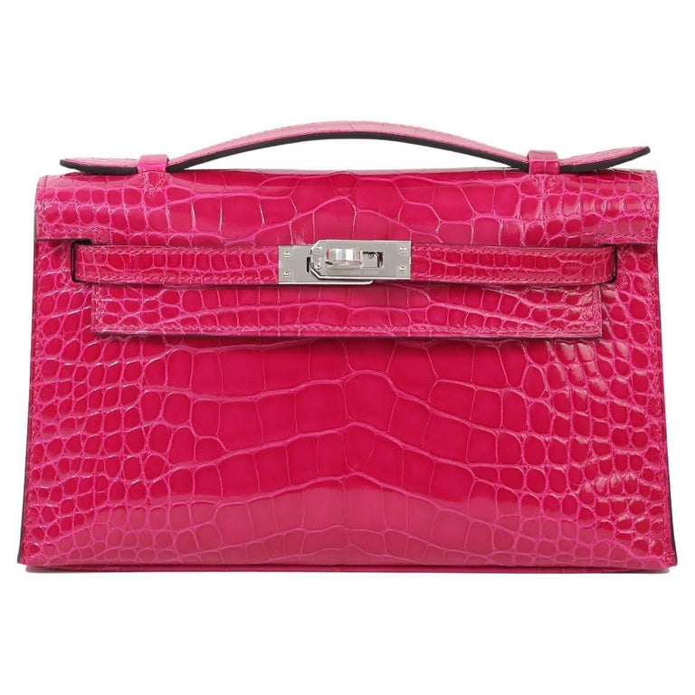 HERMÈS NEW Kelly Pochette Pink Shiny Alligator Exotic Top Handle Clutch ...
