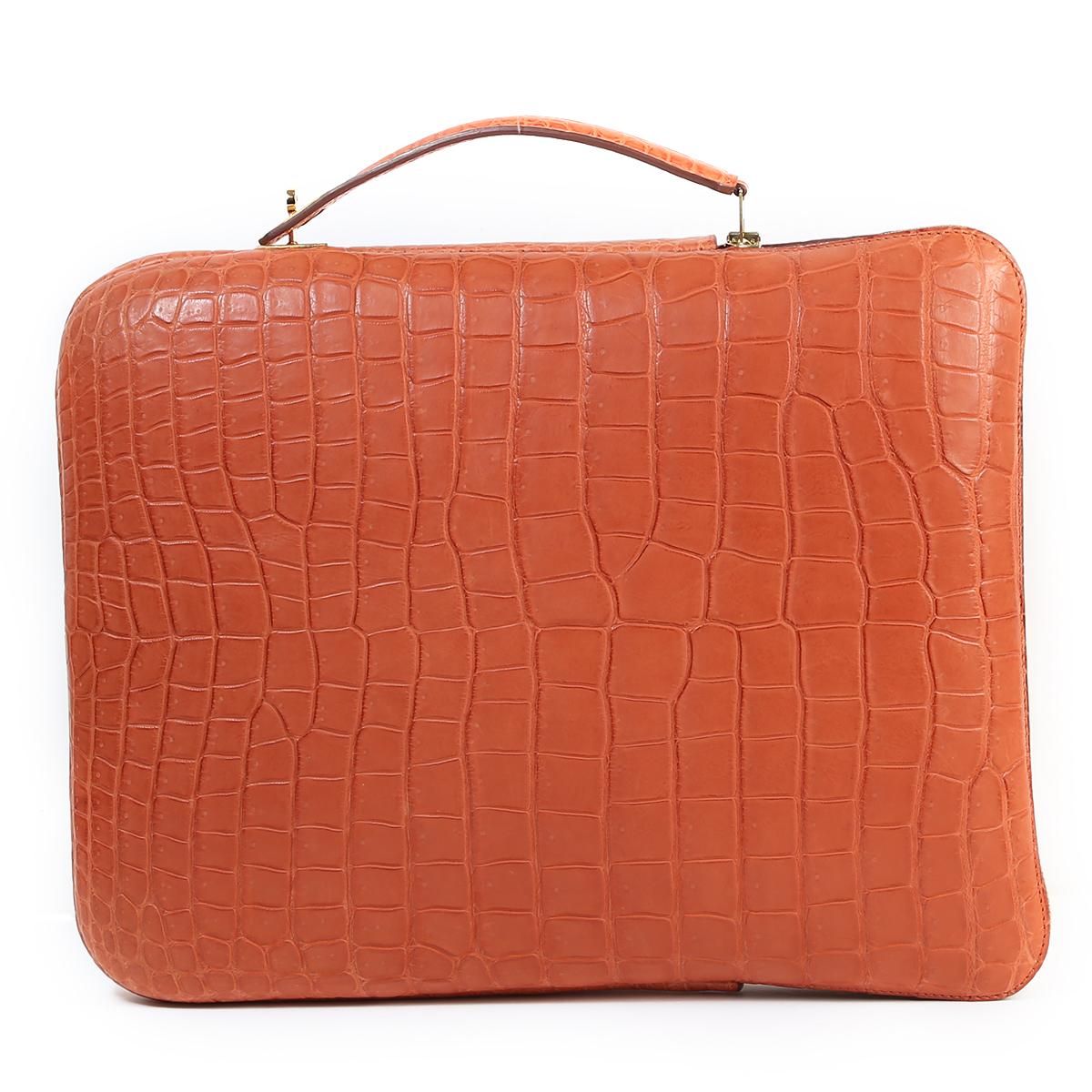 HERMES NEW Orange Crocodile Exotic Leather Men Gold iPad Tablet Laptop ...