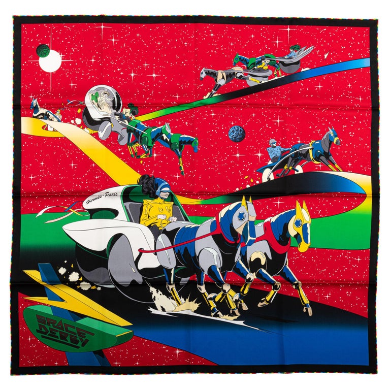 Hermès New Space Derby Silk Scarf Red For Sale at 1stDibs