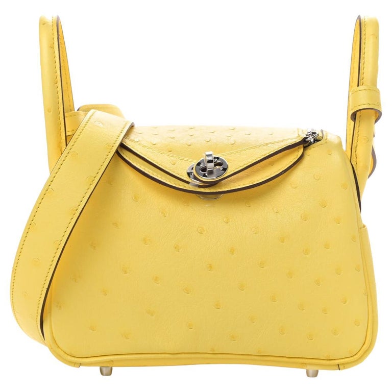HERMES NEW Yellow Lindy 20 Ostrich Exotic Palladium Top Handle Shoulder ...