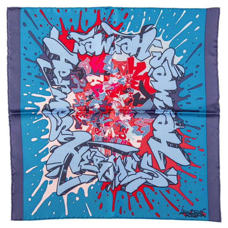 Hermès NIB Blue Graffiti Silk Gavroche For Sale at 1stDibs