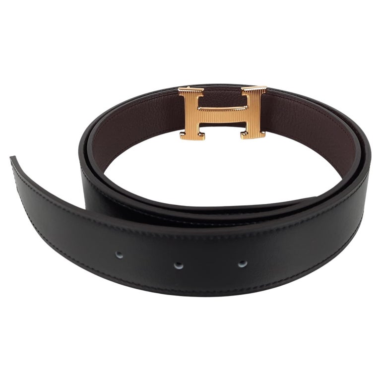 Hermes Noir / Chocolat H Striee belt buckle and Reversible leather strap 32 mm For Sale at 1stDibs
