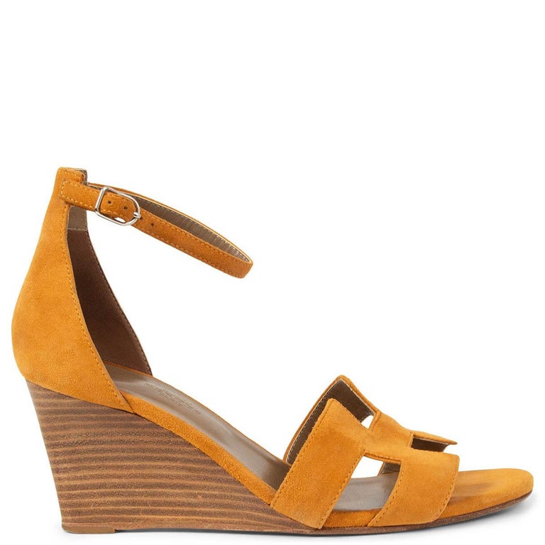 HERMES ochre suede LEGEND ANKLE STRAP WEDGE Sandals Shoes 39 at 1stDibs