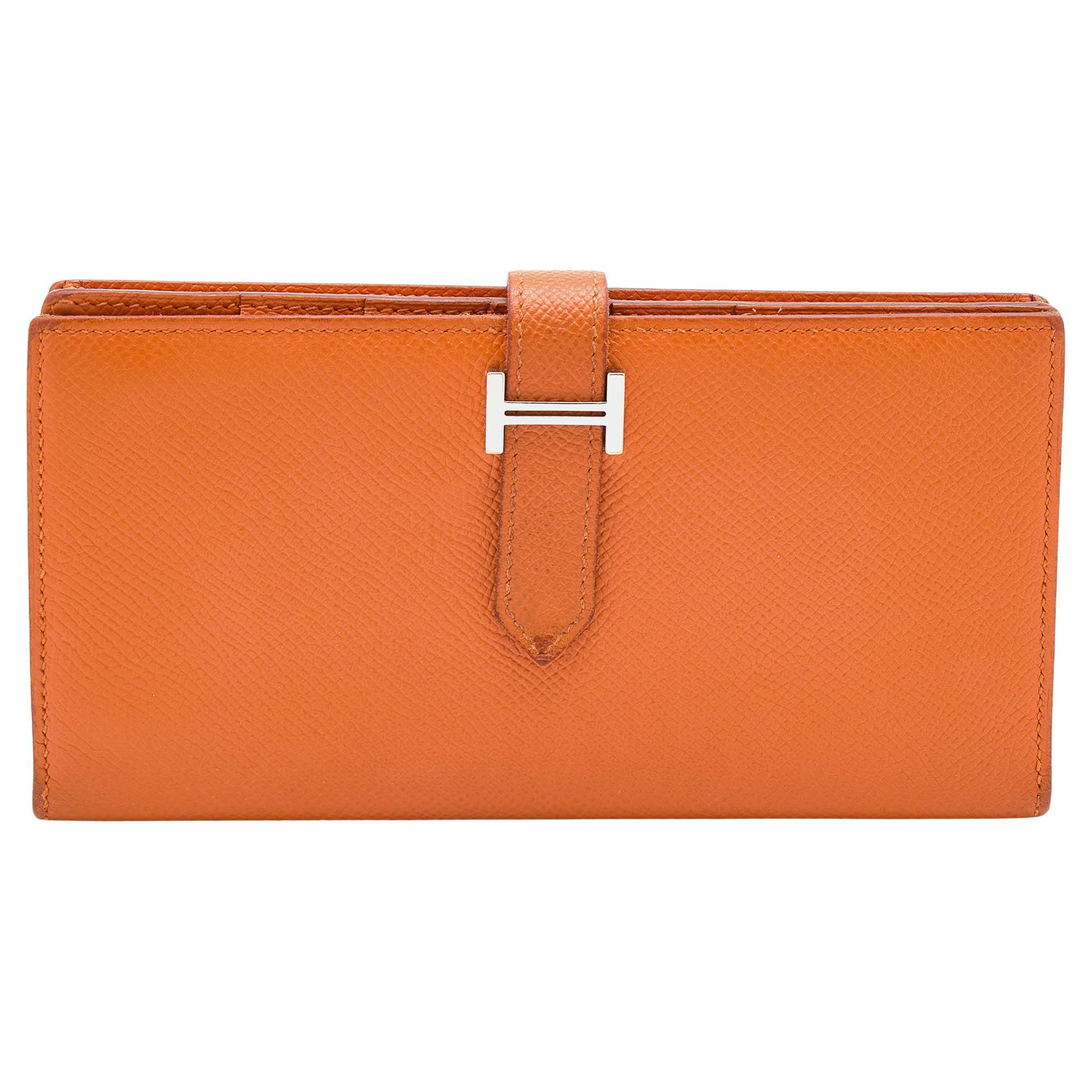 Hermes Orange Epsom Leather Palladium Finish Bearn Wallet For Sale at ...
