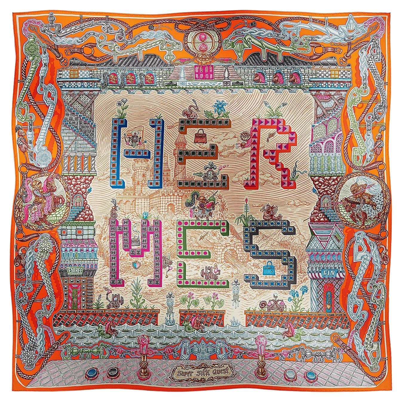 Hermes Orange / Vert / Multicolore Silk Super Silk Quest scarf 90 For ...