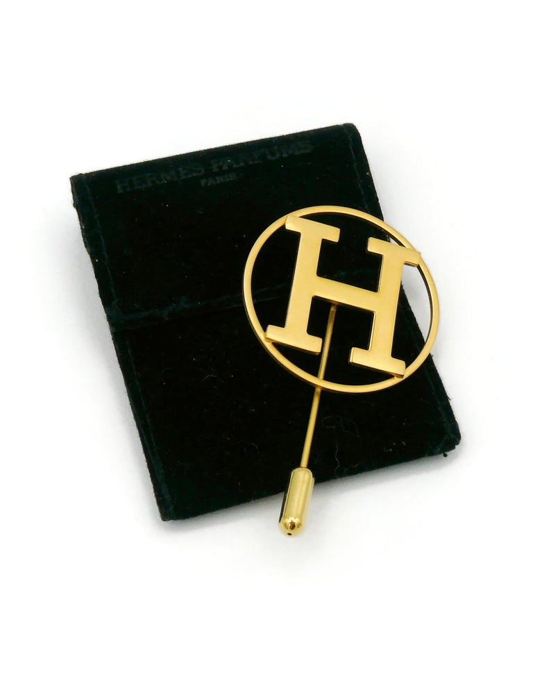 Hermes Parfums Vintage Gold Toned H Lapel Pin Brooch at 1stDibs