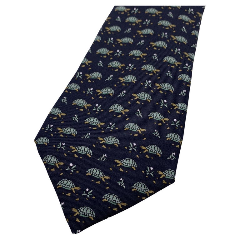 Hermes Paris Black Silk Twill Turtle Print Neck Tie 7388 PA For Sale at ...