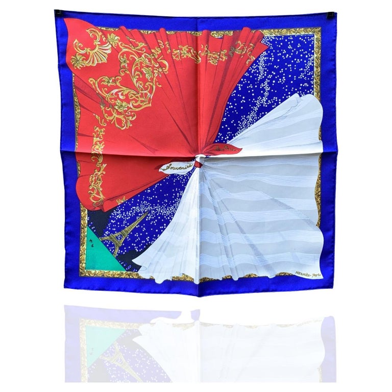 Hermes Paris Blue Pocket Square Silk Neck Scarf Souvenirs de Paris For ...