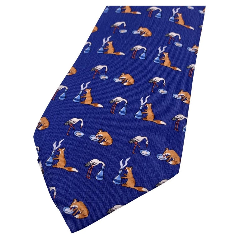 Hermes Paris Blue Silk Fox and Stork Print Neck Tie 7786 FA For Sale at ...