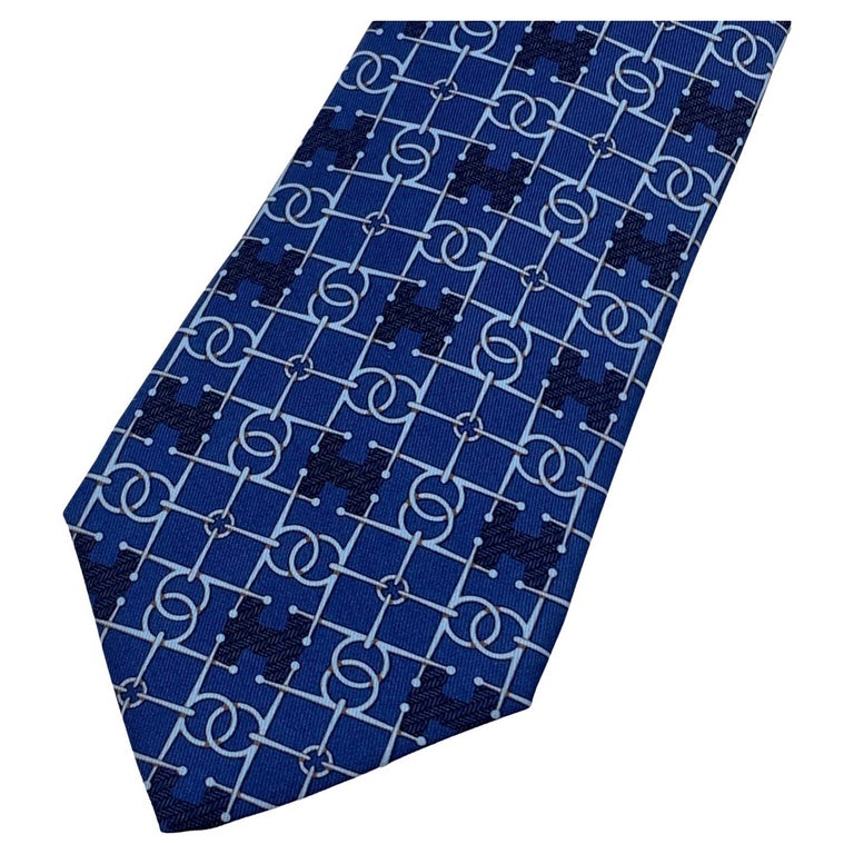 Hermes Paris Blue Silk H Pattern Print Neck Tie 582 SA For Sale at 1stDibs