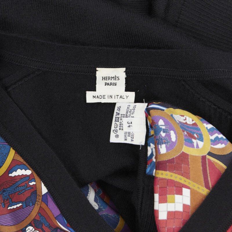 HERMES PARIS signature silk print front black cashmere knit V-neck ...