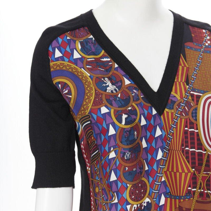 HERMES PARIS signature silk print front black cashmere knit V-neck ...