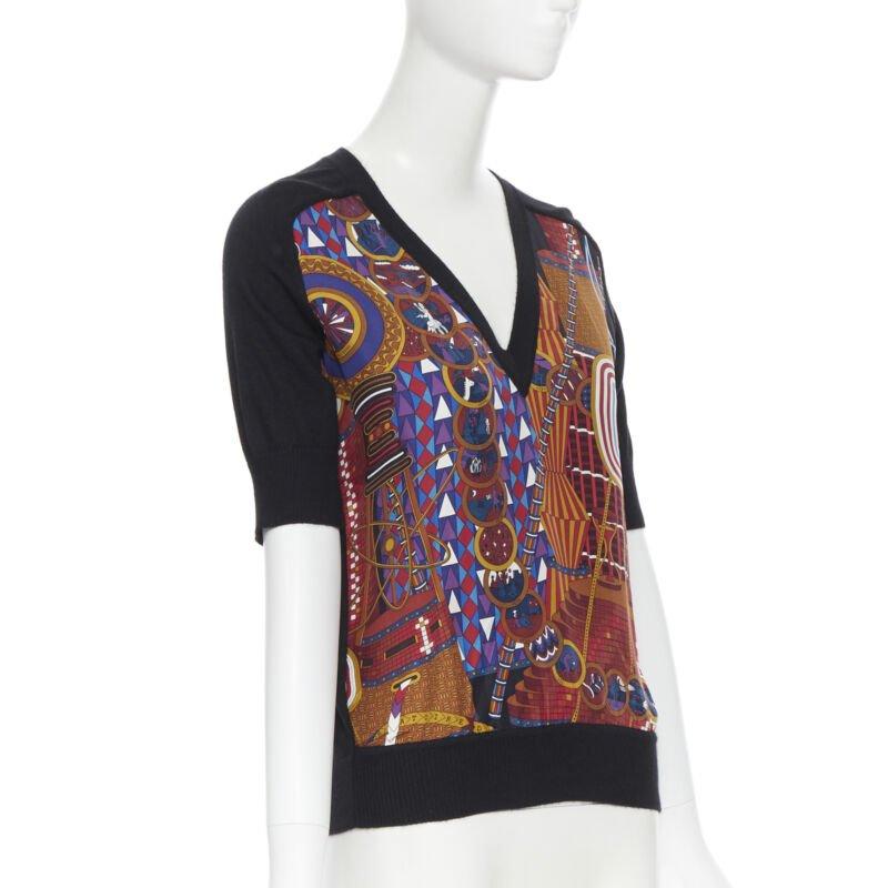 HERMES PARIS signature silk print front black cashmere knit V-neck ...