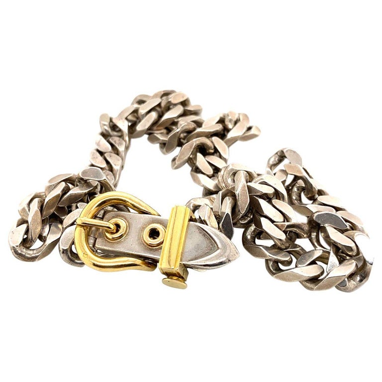 Hermes Paris Sterling Silver and 18 Karat Yellow Gold Curb Link Chain ...
