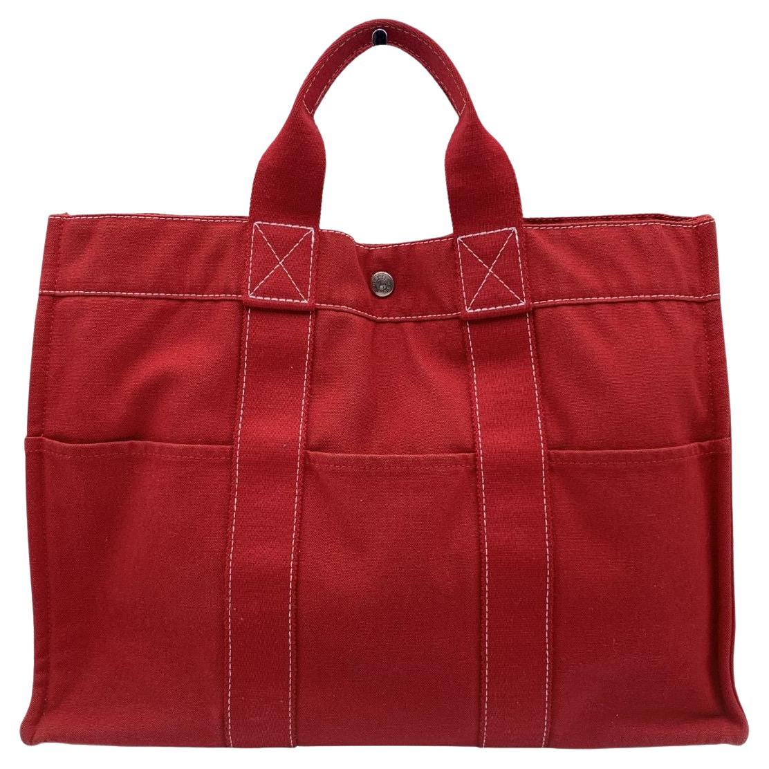 Hermes Paris Vintage Red Canvas Cotton Fourre Tout MM Bag Tote at 1stDibs