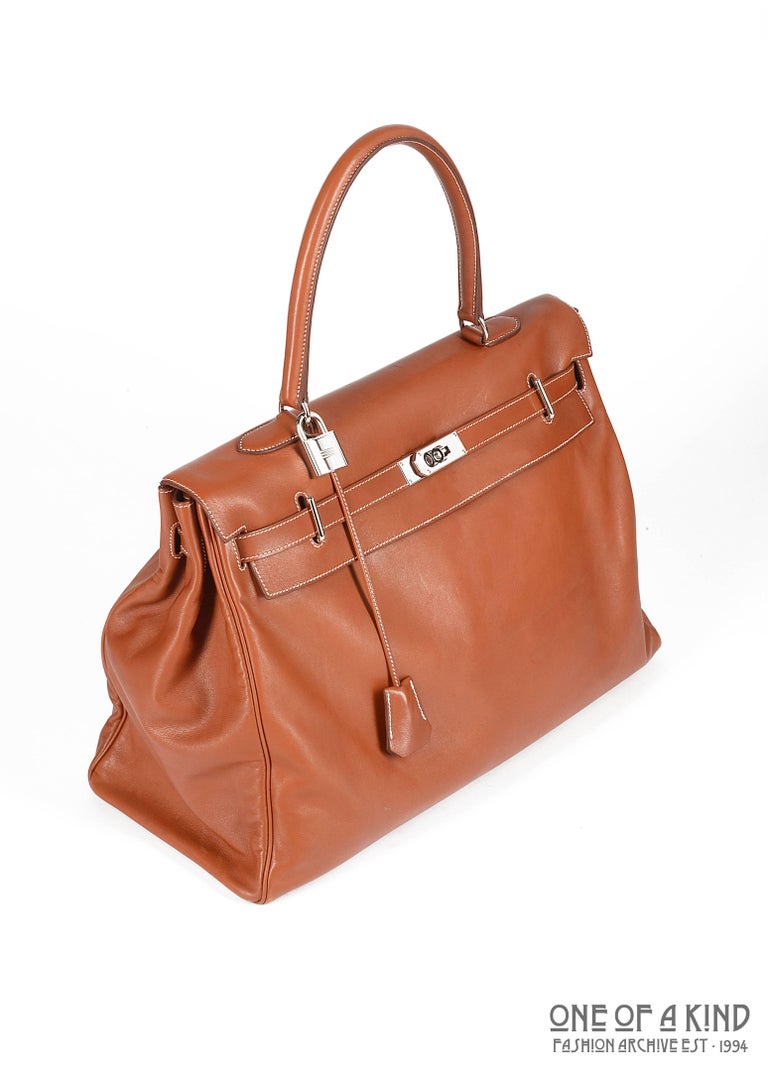 Hermes Paris XXL tan leather travel Kelly relax bag with silver ...