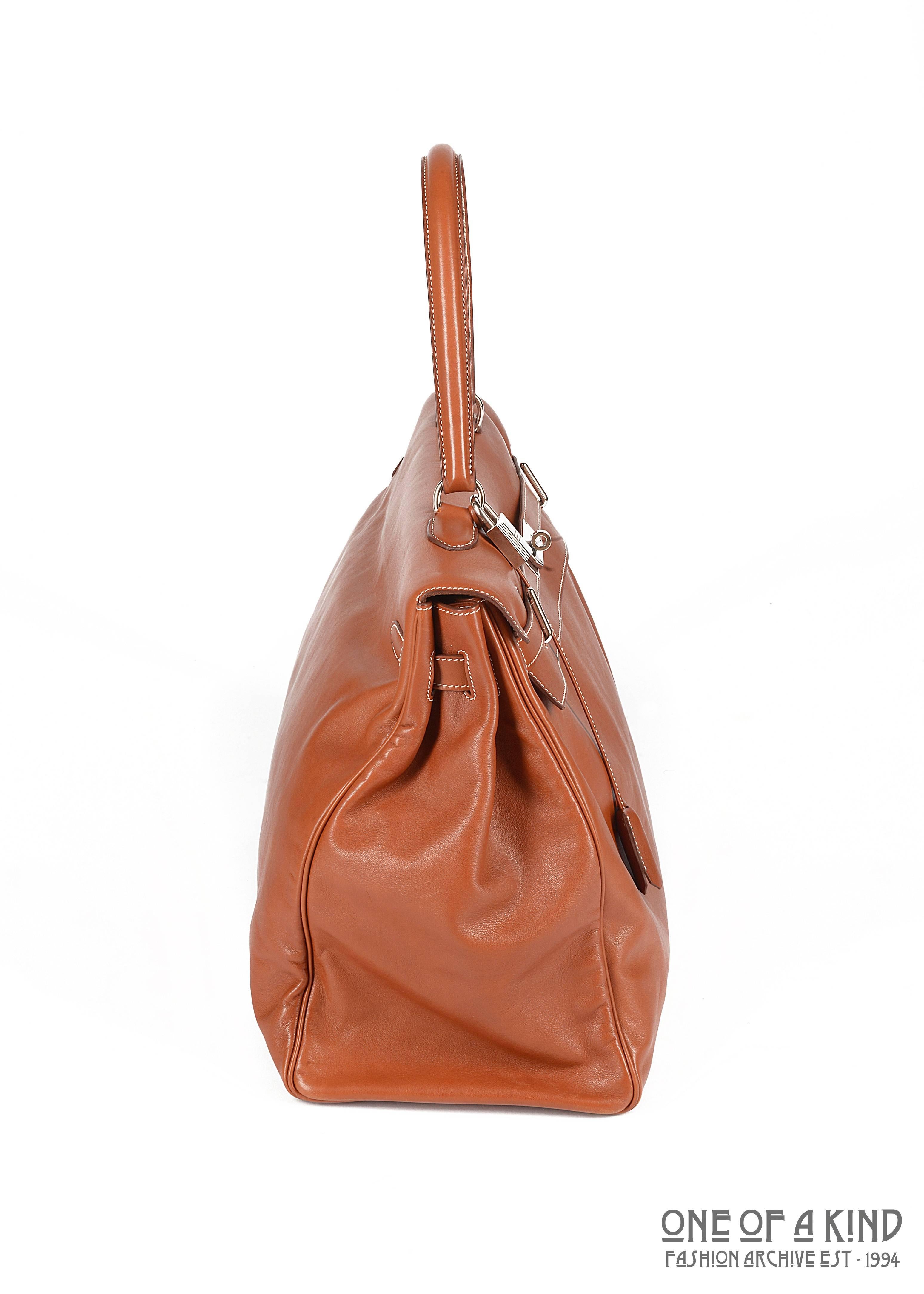 Hermes Paris XXL tan leather travel Kelly relax bag with silver ...