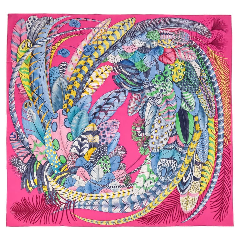 Hermès PD, Rose Vif, Bleu and Vert Plumes En Fete 90 Scarf For Sale at 1stDibs