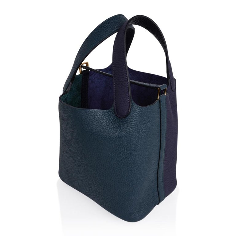 Hermes Picotin Lock 18 Bag Vert Cypress / Blue Nuit / Black Tote Clemence Gold For Sale at ...