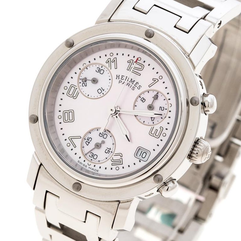 Hermes Pink Mother of Pearl Clipper Chronograph CL1.310 Women's Wristwatch 31 mm at 1stDibs